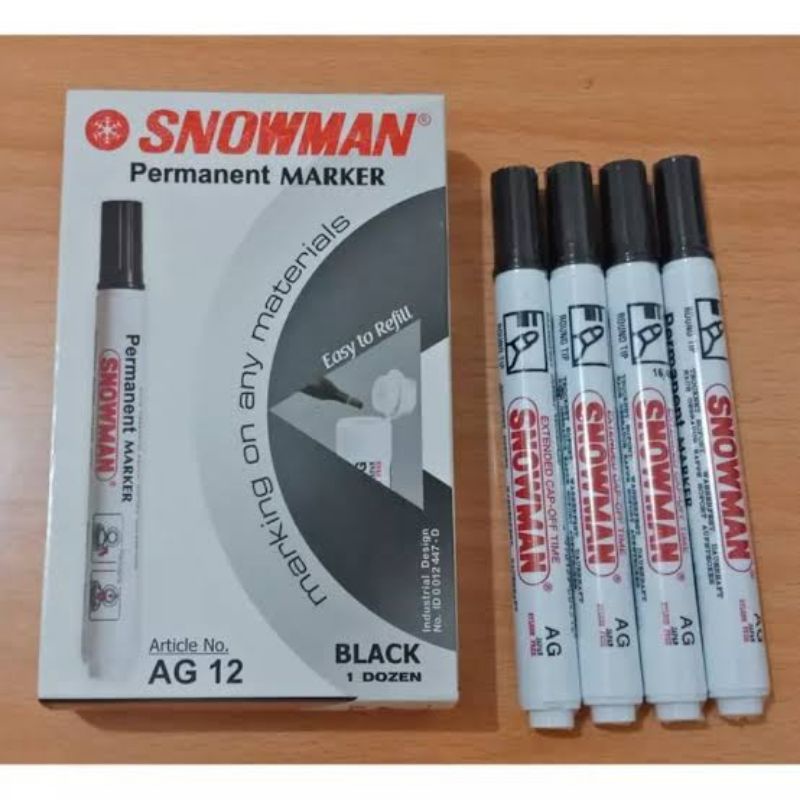 Jual Spidol Permanen Warna Hitam (1 Ktk isi 12 Bh) Snowman | PaDi UMKM