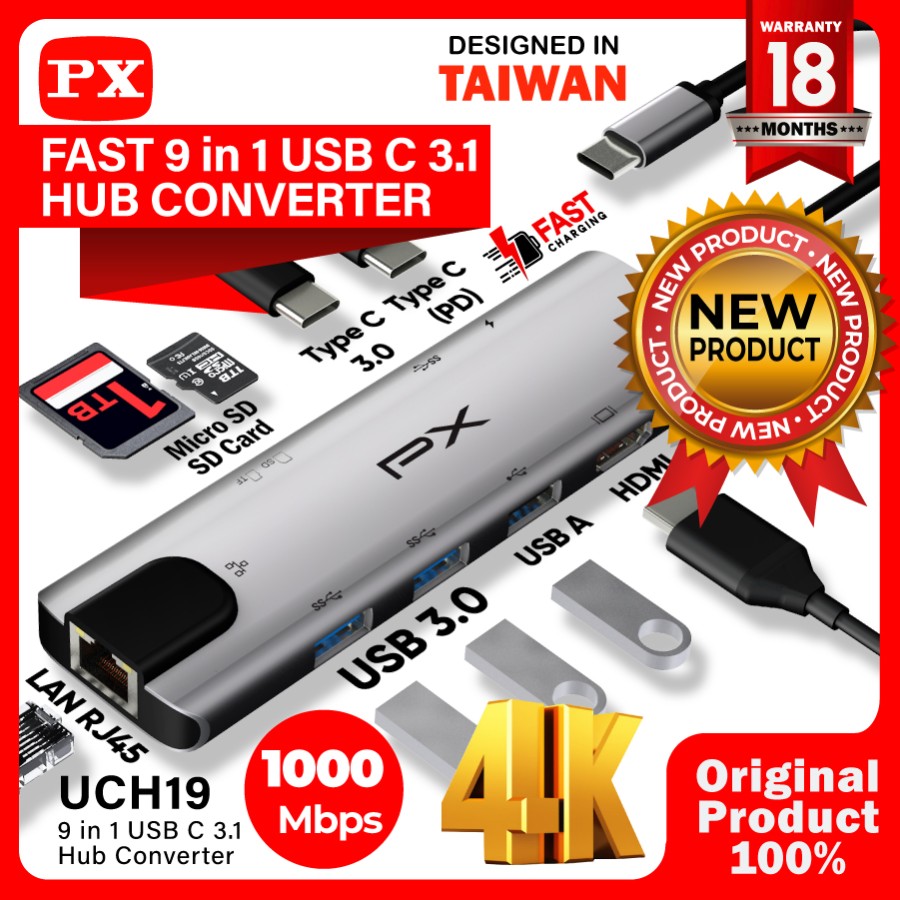 Jual USB Hub Converter Type C 3.1 HDMI LAN SD Card Laptop 9 in 1 PX UCH19 | PaDi UMKM