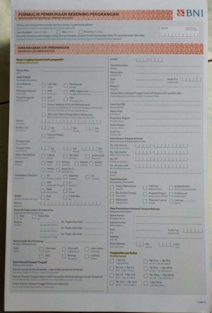 Jual Order BNI Madiun: 200 buku = form rek perorangan | PaDi UMKM