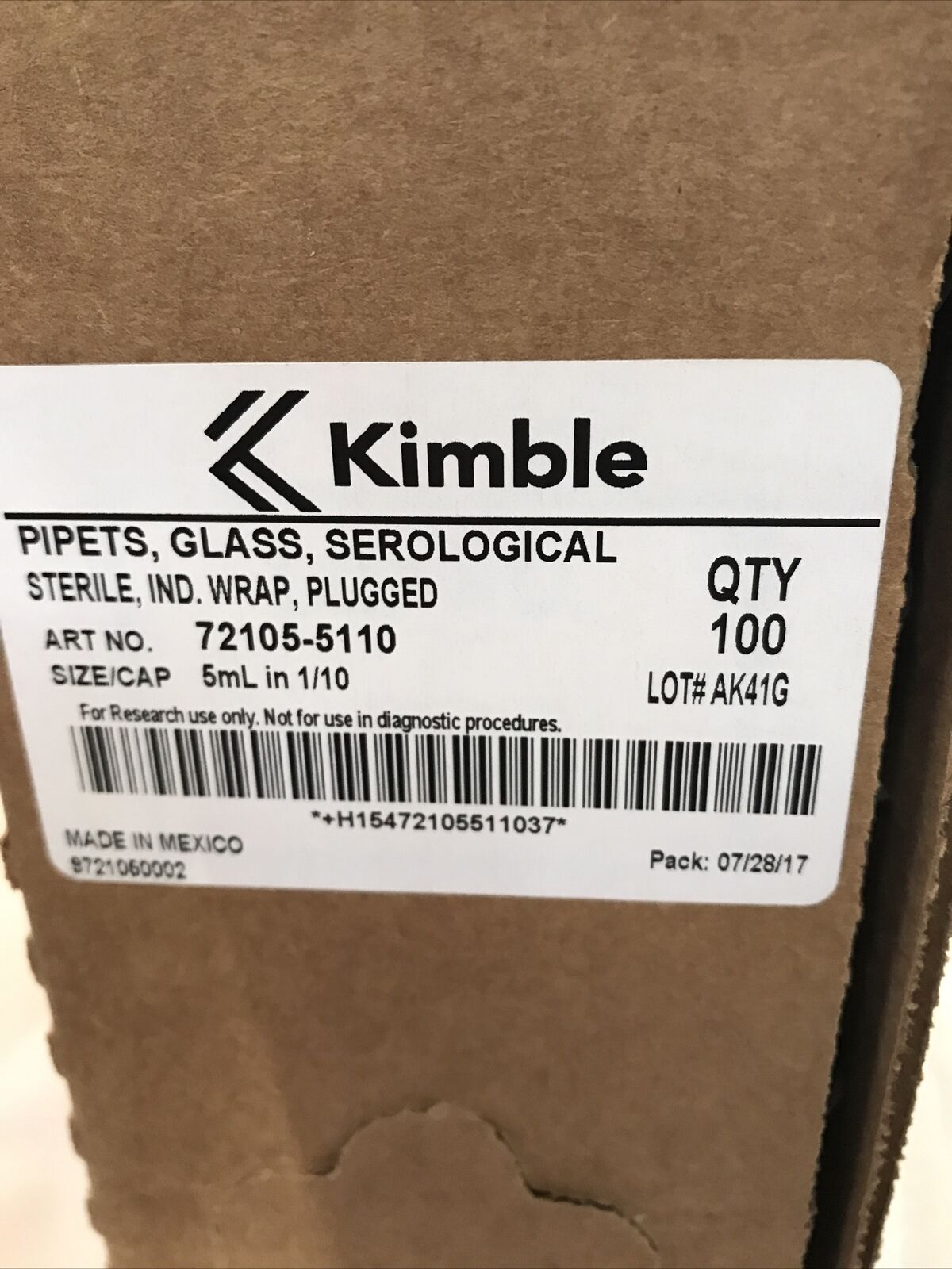 Jual Kimble Pipets Box 100 Glass Ind Wrapped Serological Sterile ...