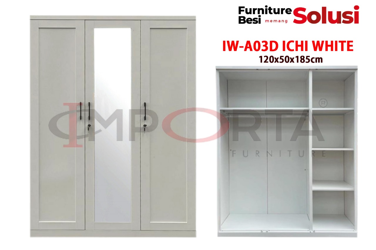 Jual Lemari pakaian besi dengan kaca 3 pintu merk Importa IW A 03D warna ichi white | PaDi UMKM