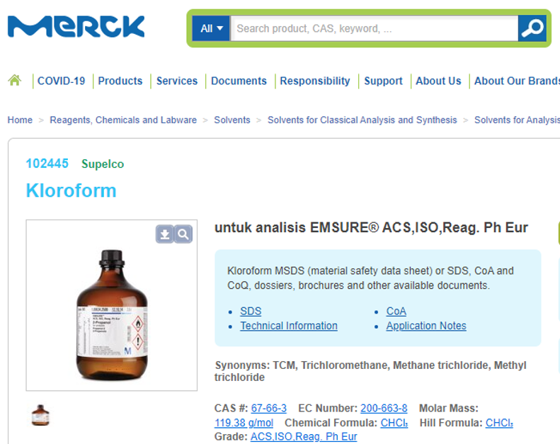 Jual CHLOROFORM GRADE ACS ISO REAG,2.5L,MERCK 102445 | PaDi UMKM