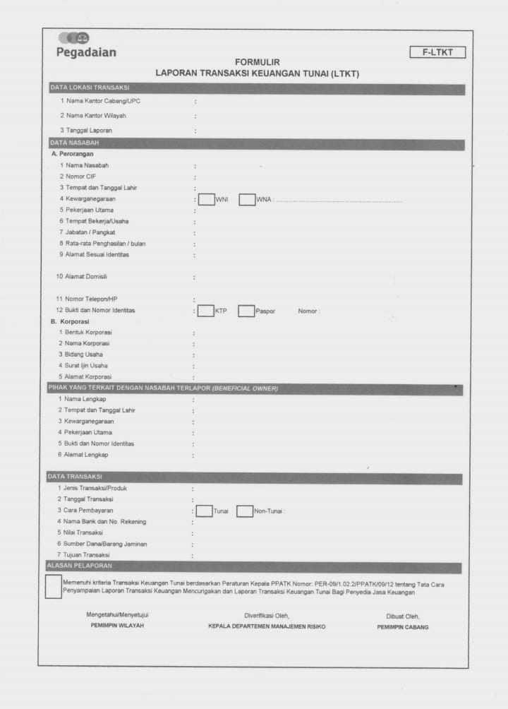 Jual FORMULIR LAPORAN TRANSAKSI KEUANGAN TUNAI (LTKT) | PaDi UMKM